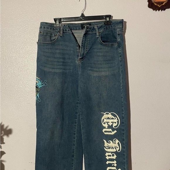 Ed Hardy | Jeans | Ed Hardy Blue Flare Wide Leg Jeans With Graphic ...